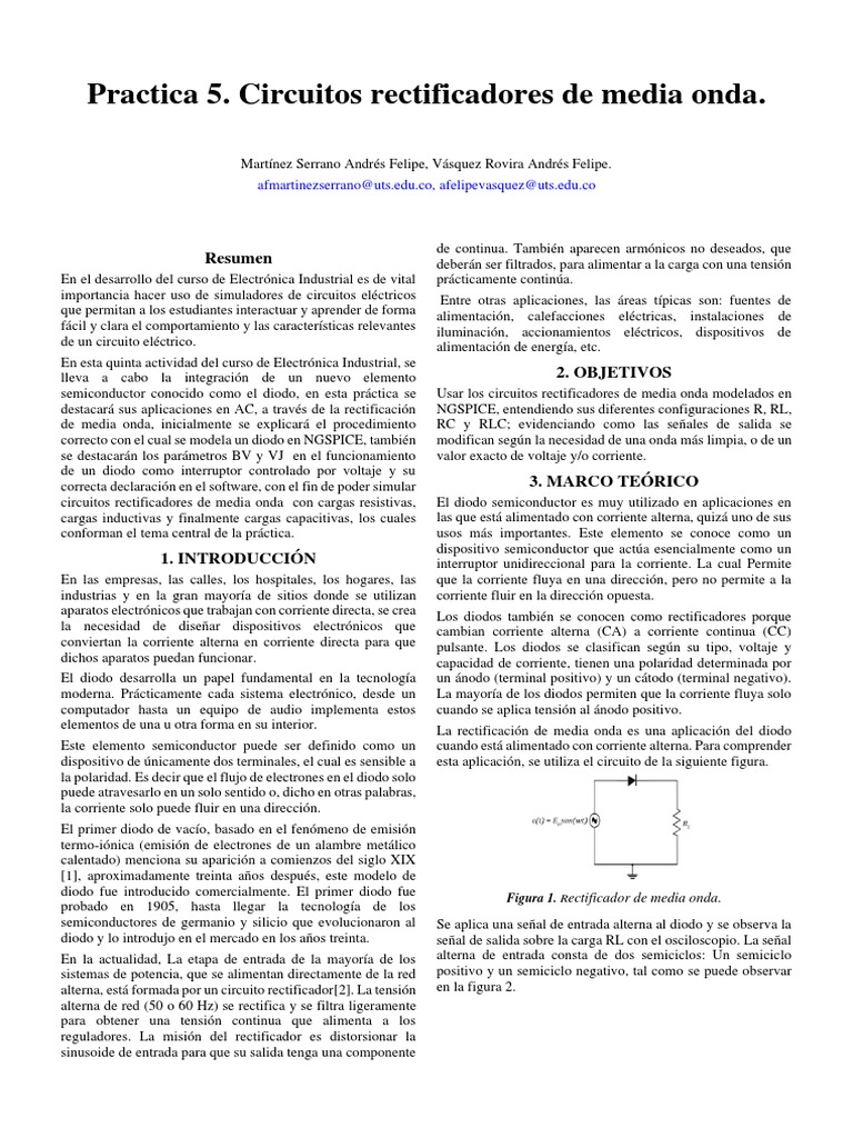 Practica 5. Circuitos Rectificadores de Media Onda. Reta | PDF | Rectificador | Corriente eléctrica