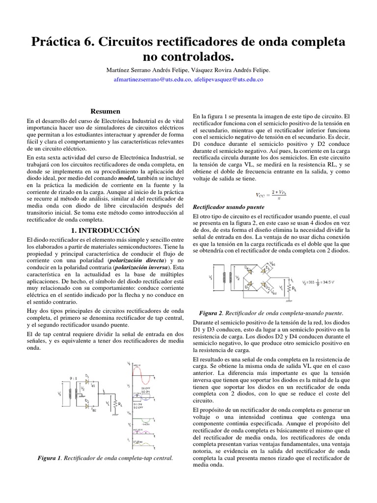 Práctica 6. Circuitos Rectificadores de Onda Completa No Controlados. Reta | PDF | Rectificador ...
