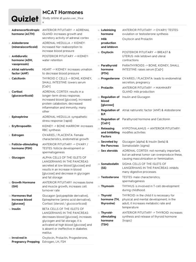MCAT Quizlet Hormones | PDF | Adrenal Gland | Cortisol