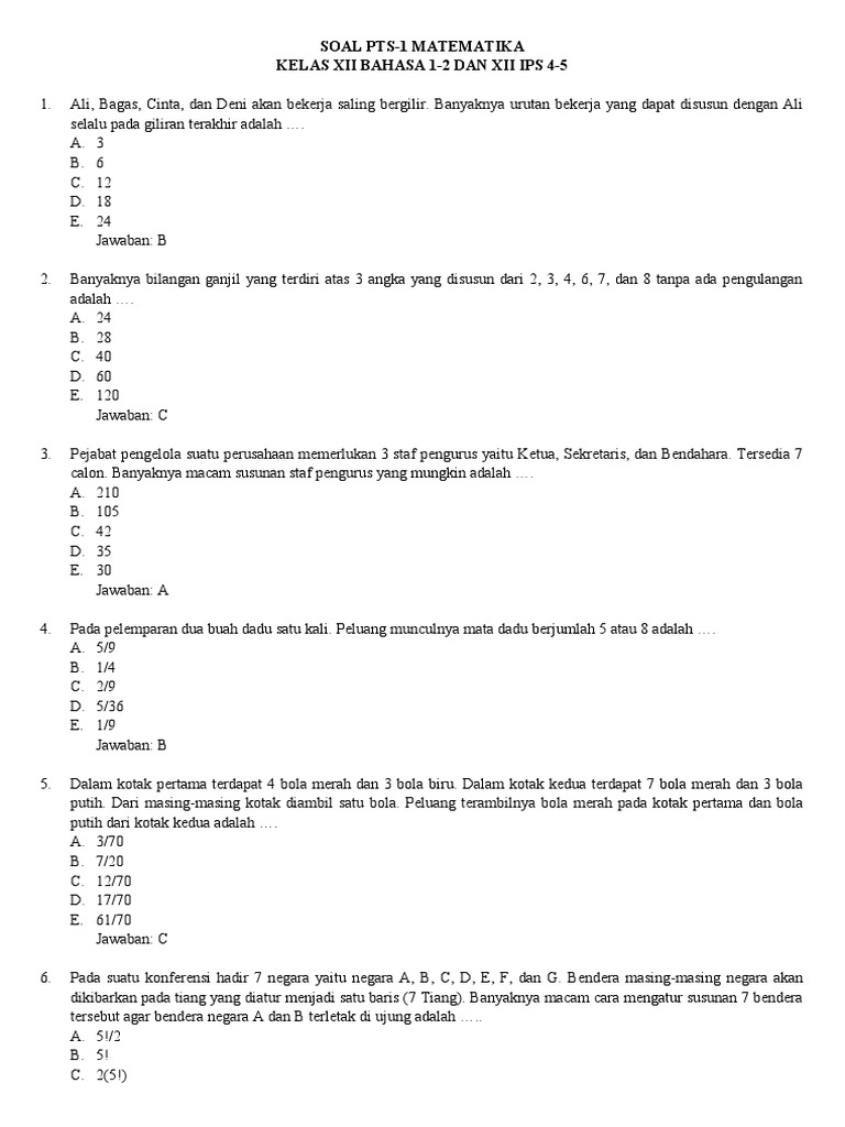 Soal PTS-1 MTK Wajib Kelas XII Bahasa IPS | PDF