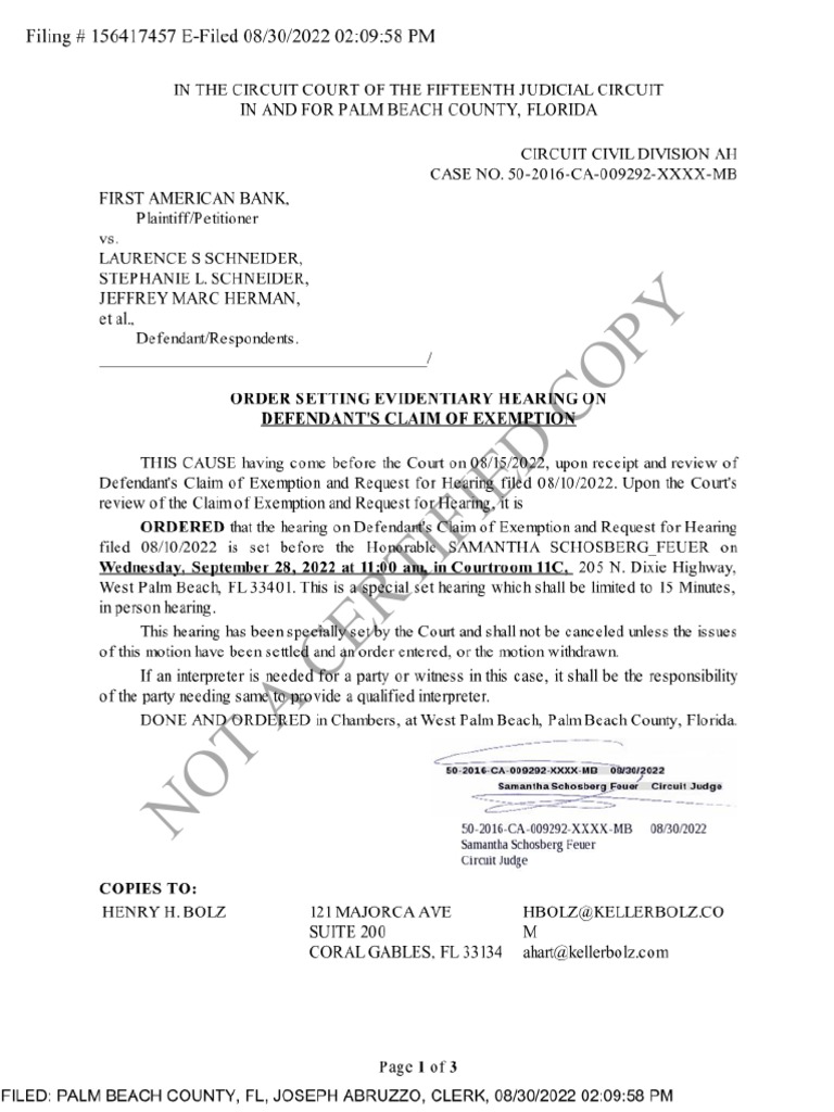 1062 156417457 Order Setting Evidentiary Hearing On Defendant's Cliam ...