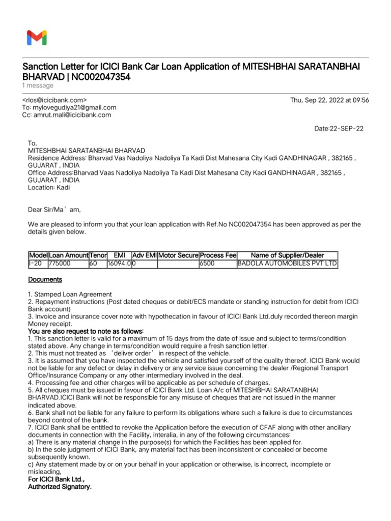 Sanction Letter For ICICI Bank Car Loan Application of MITESHBHAI ...