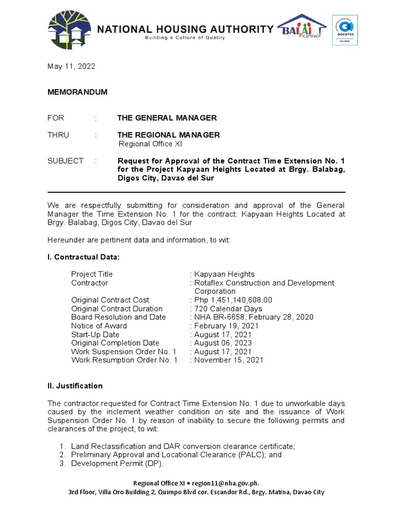 Contract Time Extension Memorandum Sample | PDF