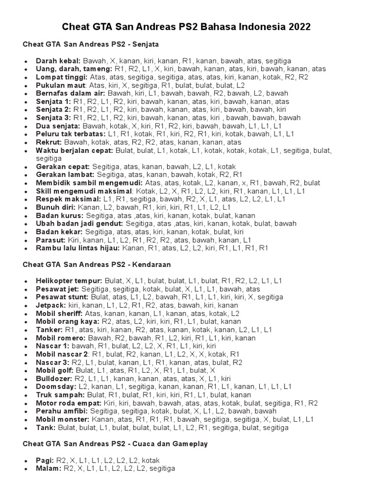 Cheat GTA San Andreas PS2 Bahasa Indonesia 2022 | PDF