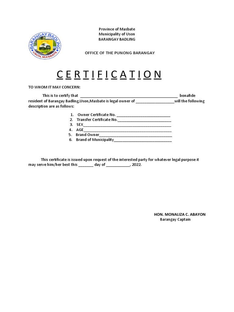 Barangay Ownership Certification Sample | PDF