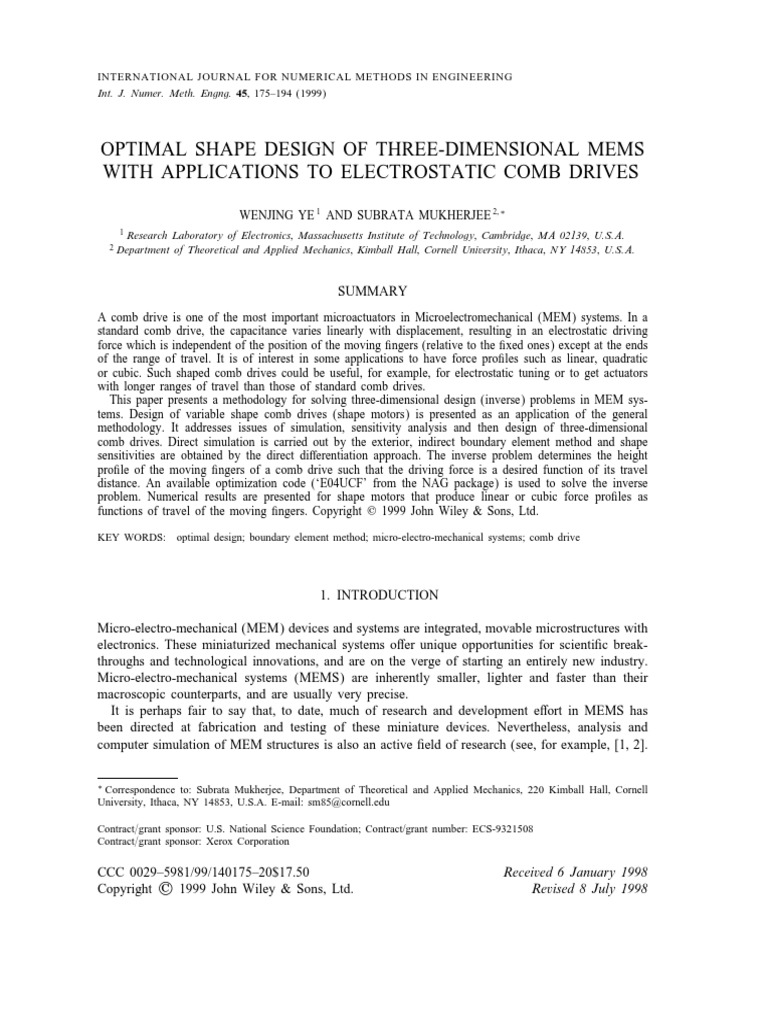 Optimal Shape Design of Three-Dimensional Mems With Applications To Electrostatic Comb Drives ...