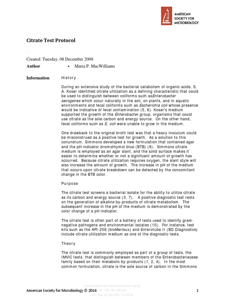 Citrate Test Protocol | PDF | Citric Acid Cycle | Chemistry