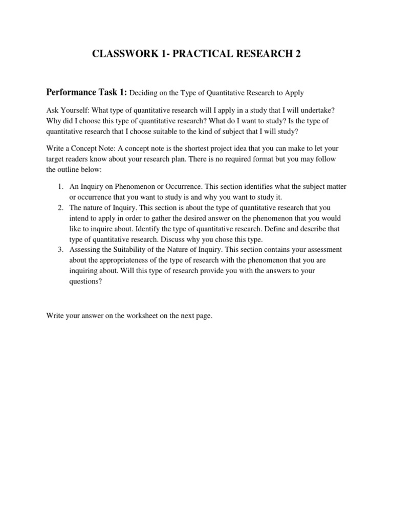 Classwork 1 Practical Research 2 | PDF | Quantitative Research ...