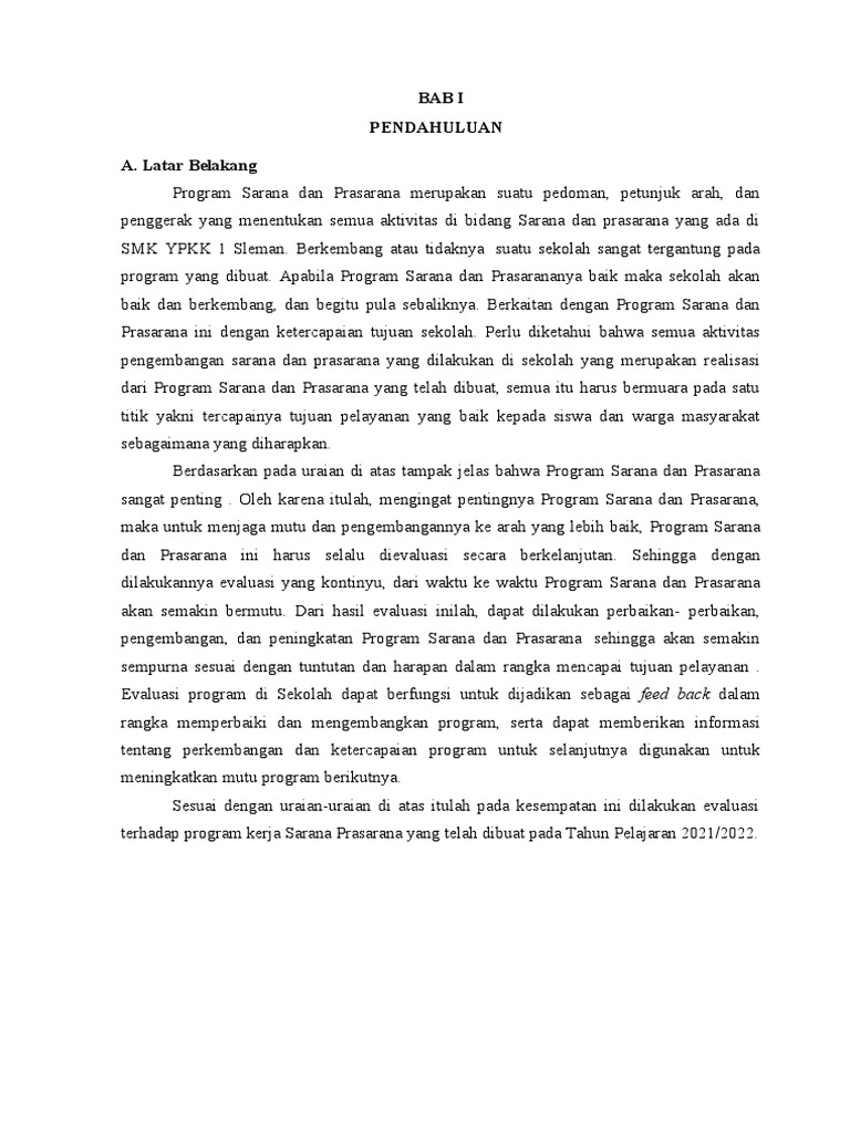 Laporan Evaluasi Program Kerja Sarana Dan Prasarana Bab I Pendahuluan. A. Latar Belakang | PDF