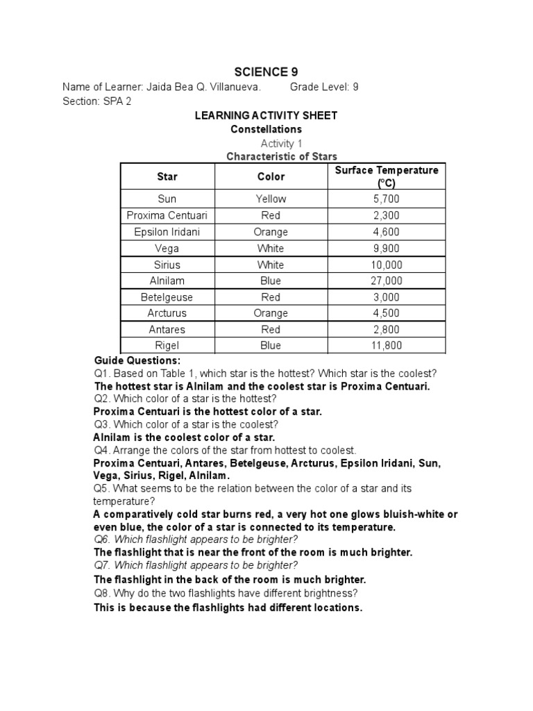Grade 9 Astronomy Activity Answers | PDF | Stars | Astronomy