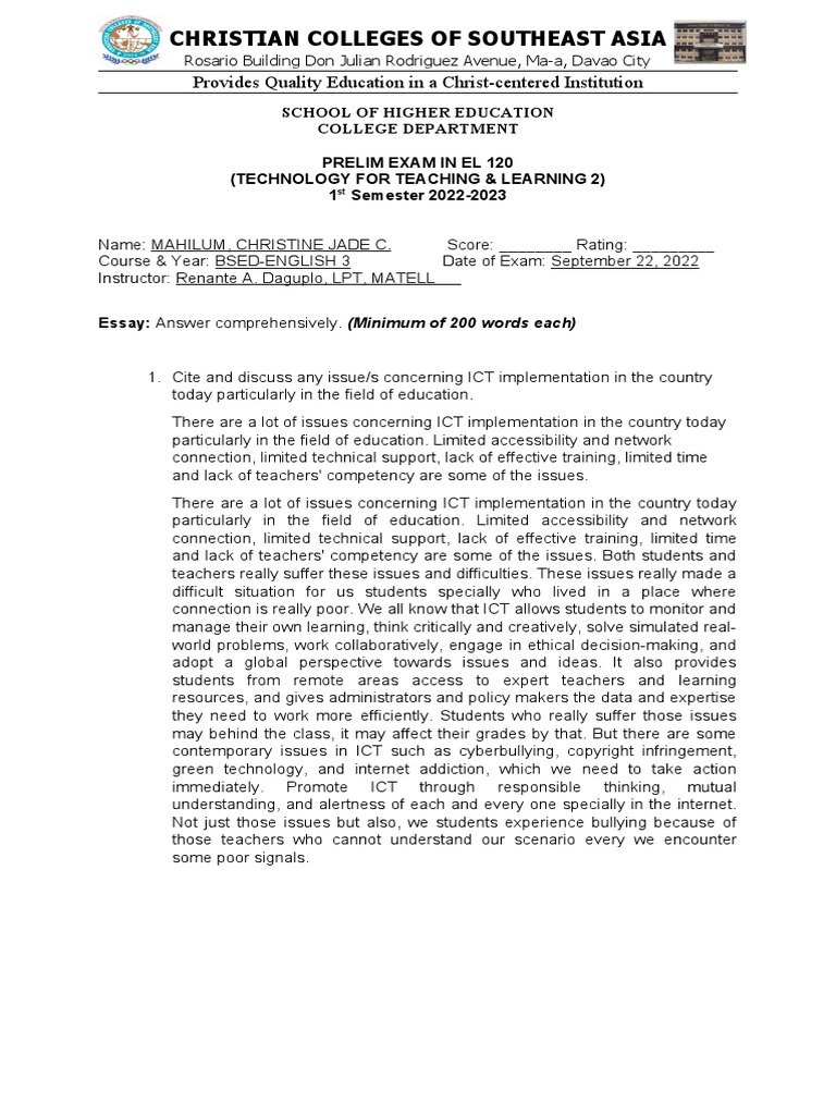 Prelim Exam in El 120 (Technology For Teaching & Learning 2) | PDF | Educational Technology ...