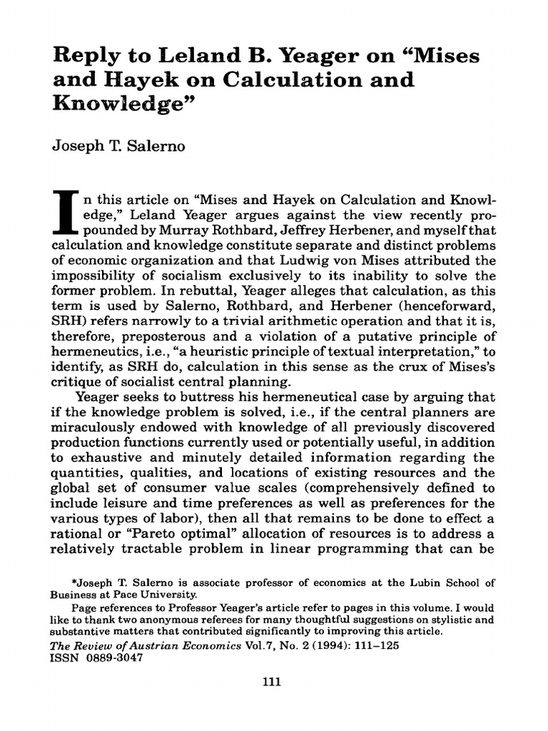 Joseph T. Salerno - Reply Leland B. Yeager On ,,mises and Hayek ...