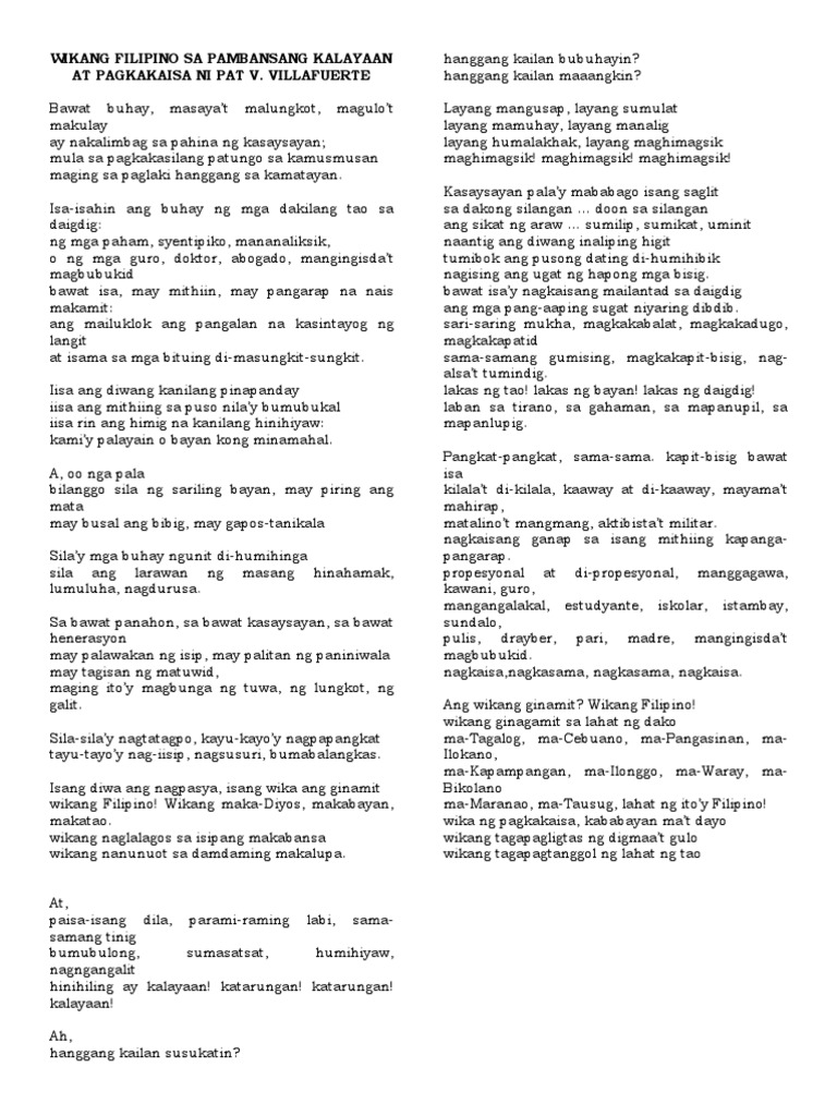 Wikang Filipino Sa Pambansang Kalayaan At Pagkakaisa Ni Pat V Pdf ...