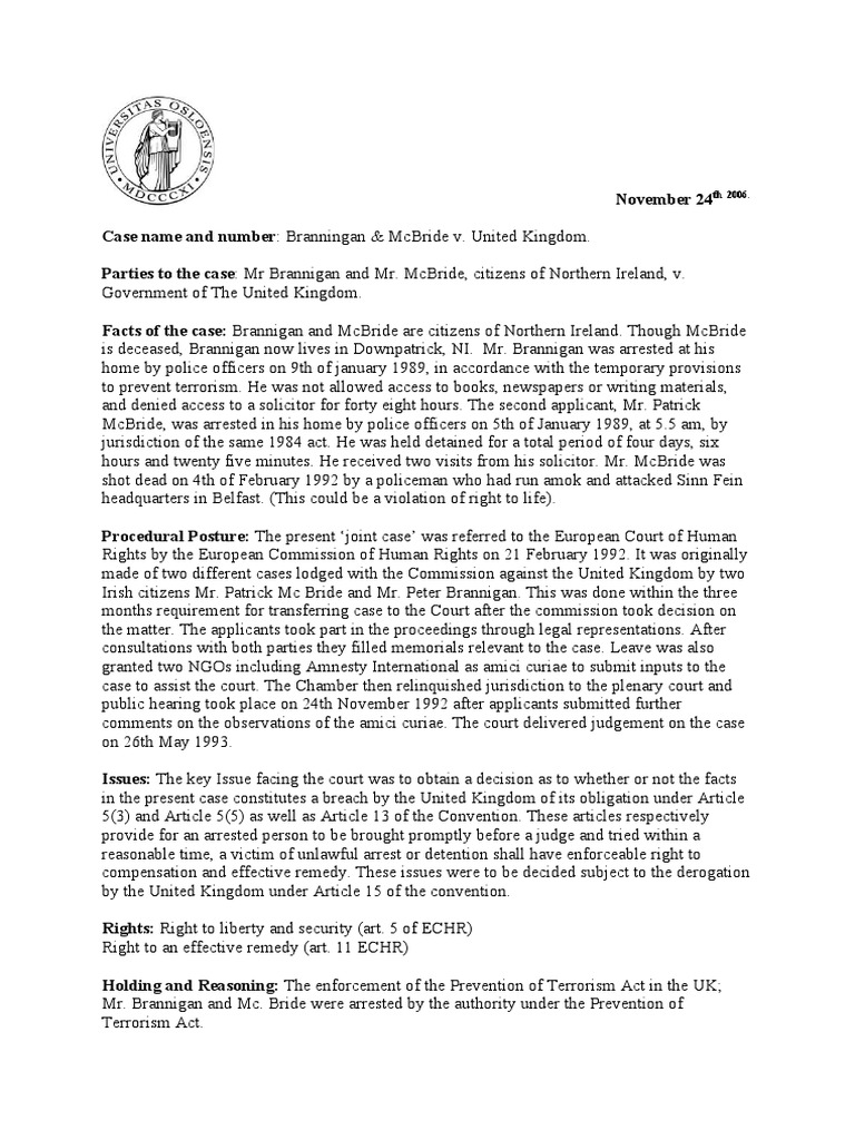 McBride v UK: ECHR Case Summary | PDF | European Convention On Human ...