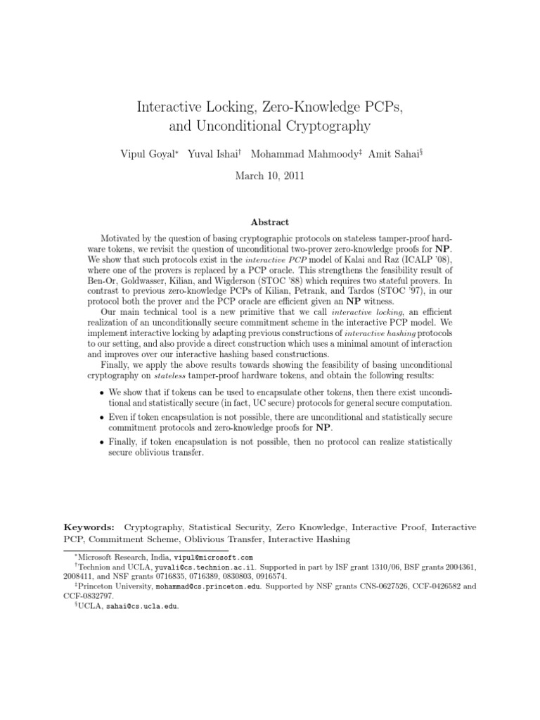 Interactive Locking, Zero-Knowledge PCPS, and Unconditional Cryptography | PDF | Applied ...