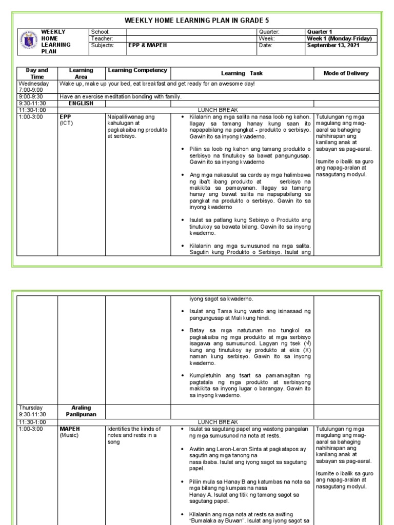 Weekly Home Learning Plan in Grade 5 Q1 W1 | PDF