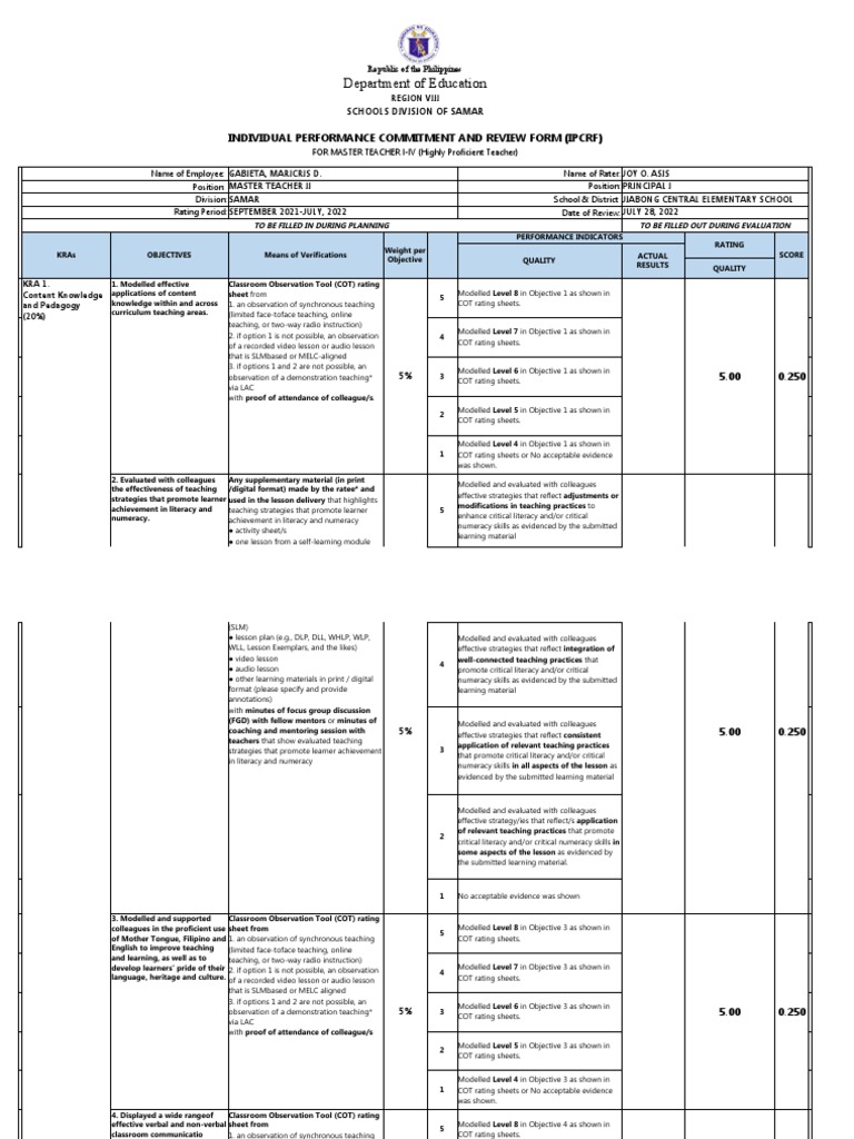 Ipcrf Template Master Teachers I IV 1 | PDF | Educational Assessment ...