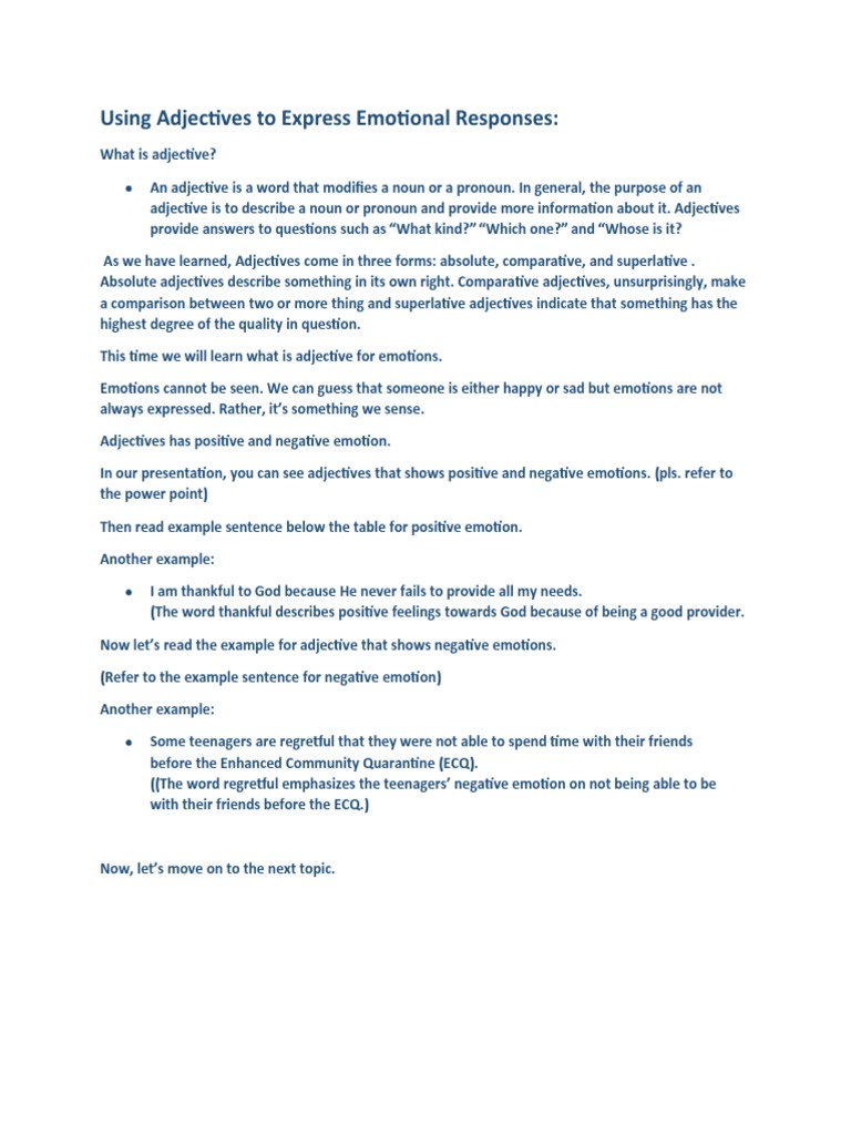 Using Adjectives To Express Emotional Responses | PDF | Adjective | Adverb