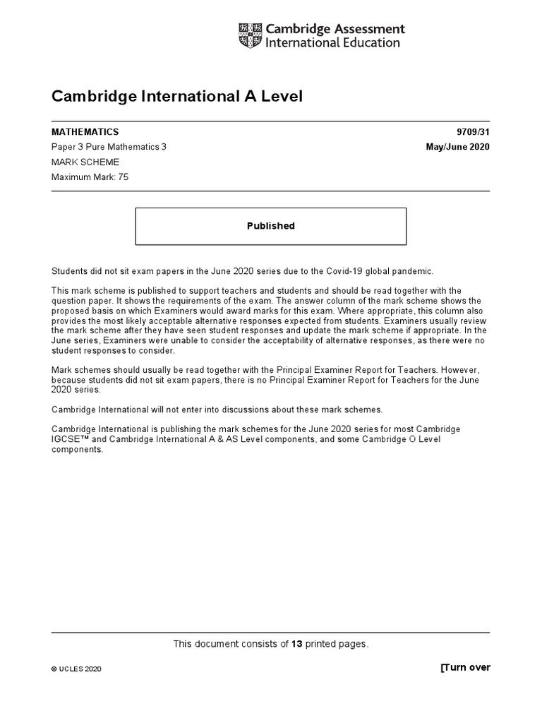 Cambridge International A Level: Mathematics 9709/31 May/June 2020 ...