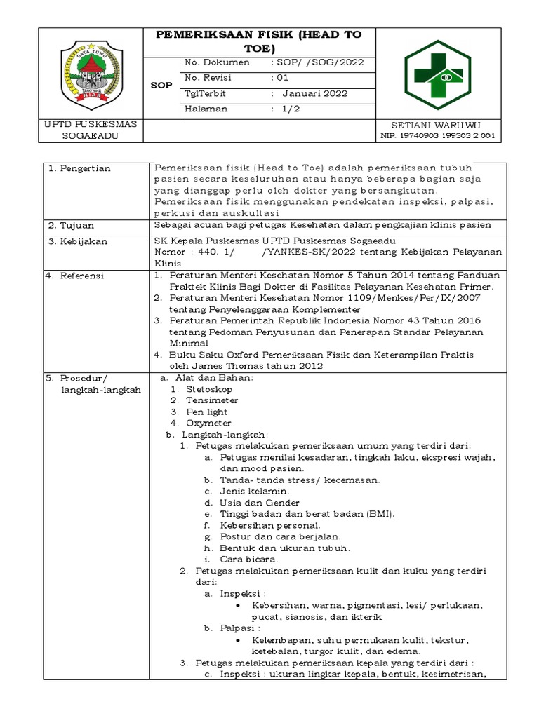 Sop Pemeriksaan Fisik Head To Toe | PDF