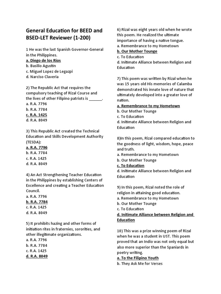 Toaz - Info General Education For Beed and Bsed Let Reviewer Print PR ...