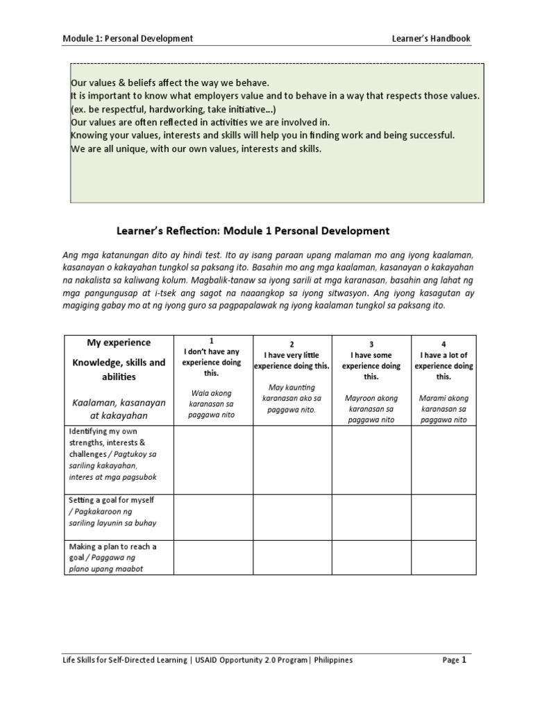O2 Life Skills Module 1 Personal 1 | PDF