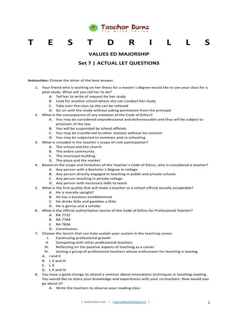Set 7 Values Ed Drills | PDF | Philosophy Of Education | Teachers