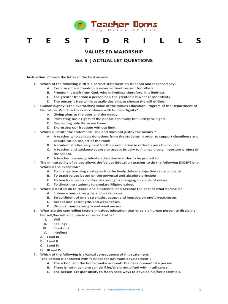 Set 5 Values Ed Drills | Download Free PDF | Learning | Morality
