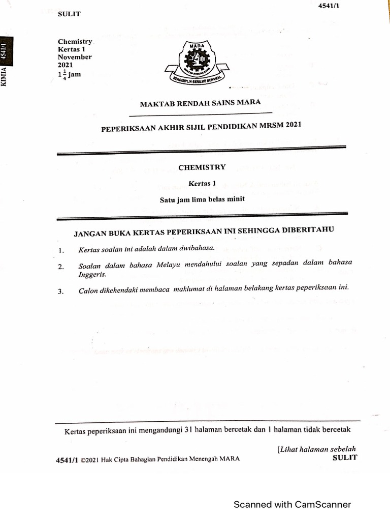 Kertas Trial Kimia MRSM k1 2021 | PDF