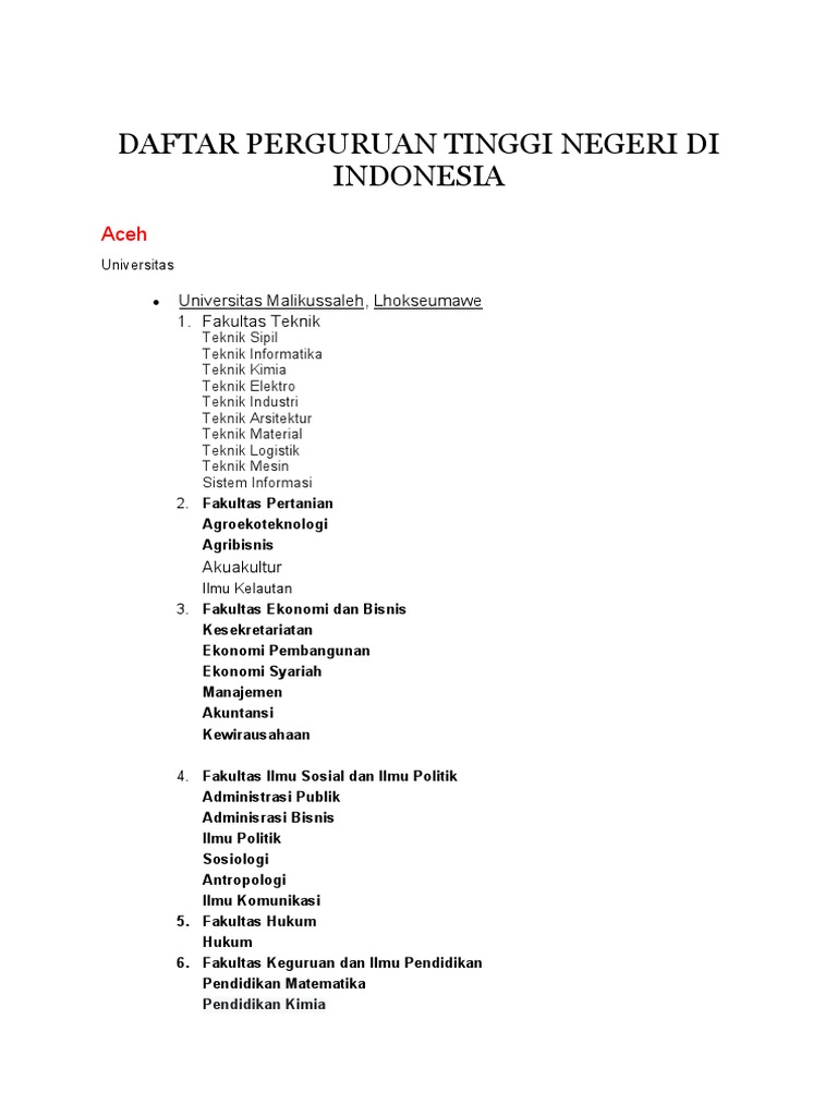 Daftar Perguruan Tinggi Negeri Di Indonesia | PDF