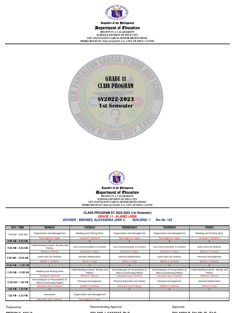 Grade 11 Class Program SY 2022-2023 | PDF