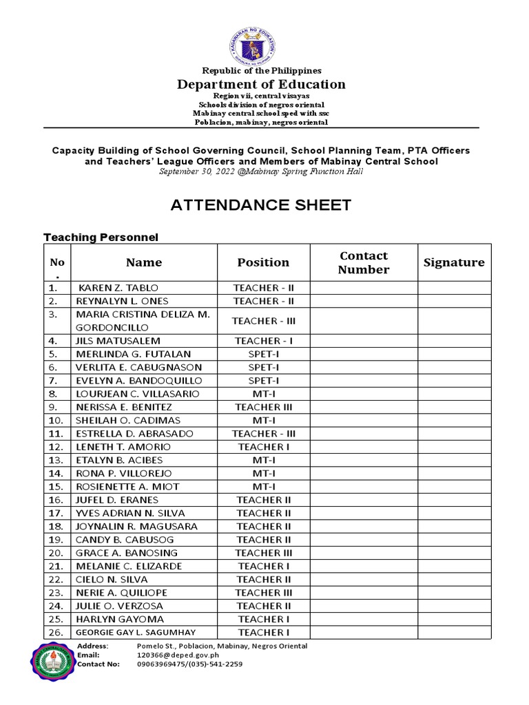 ATTENDANCE SHEET CAPACITY BUILDING OF PTA-MCS TEACHER'S LEAGUE | PDF