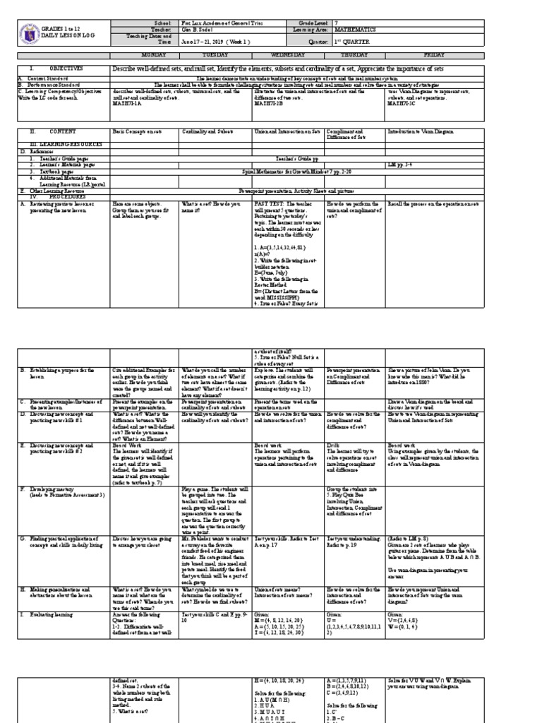 G7 Mathematics-DLL-Q1-W1 | PDF | Set (Mathematics) | Behavior Modification