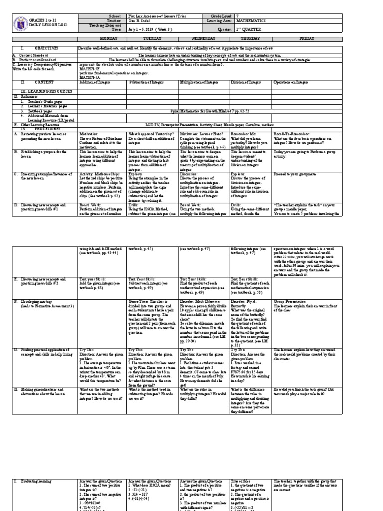 G7 Mathematics-DLL-Q1-W3 | PDF | Multiplication | Learning
