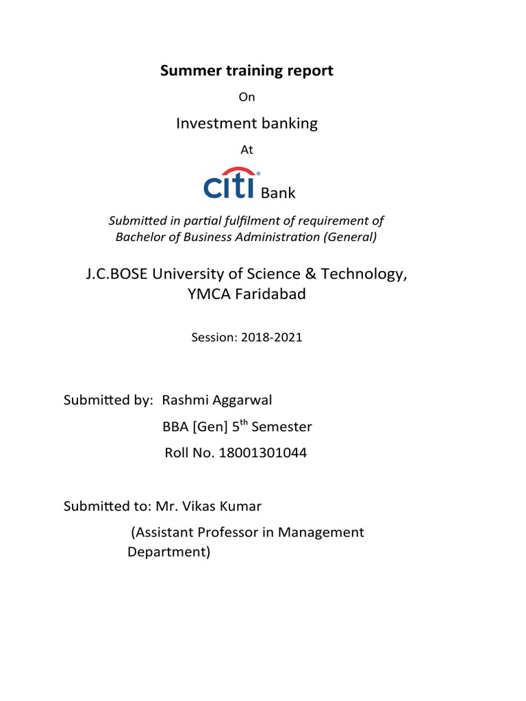 Internship Report | PDF | Investment Banking | Citibank