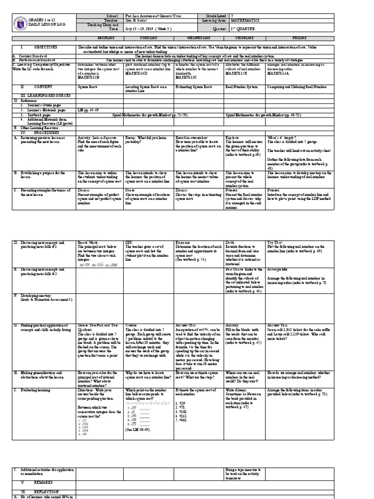 G7 Mathematics-DLL-Q1-W5 | PDF | Numbers | Learning