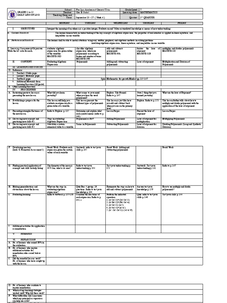 G7 Mathematics-DLL-Q2-W4 | PDF | Polynomial | Multiplication