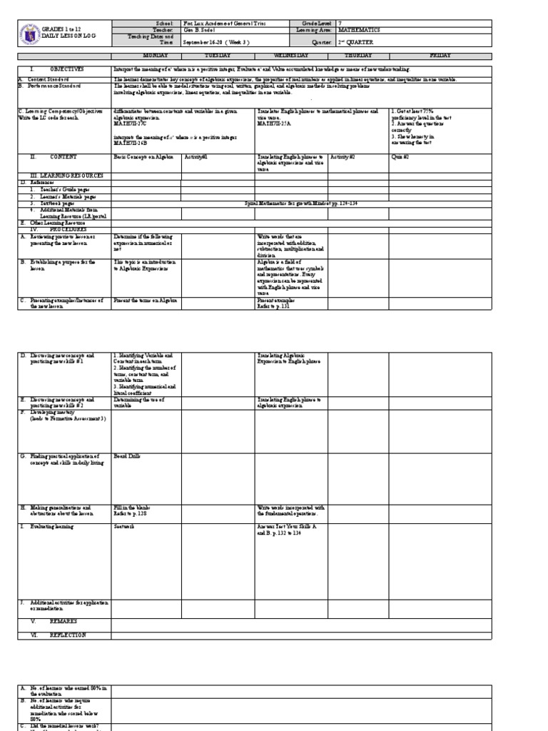 G7 Mathematics DLL Q2 W3 | PDF | Mathematics | Algebra