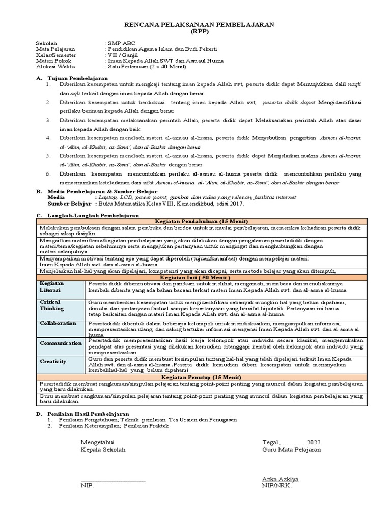 Contoh RPP PAI SMP 1 Lembar | PDF