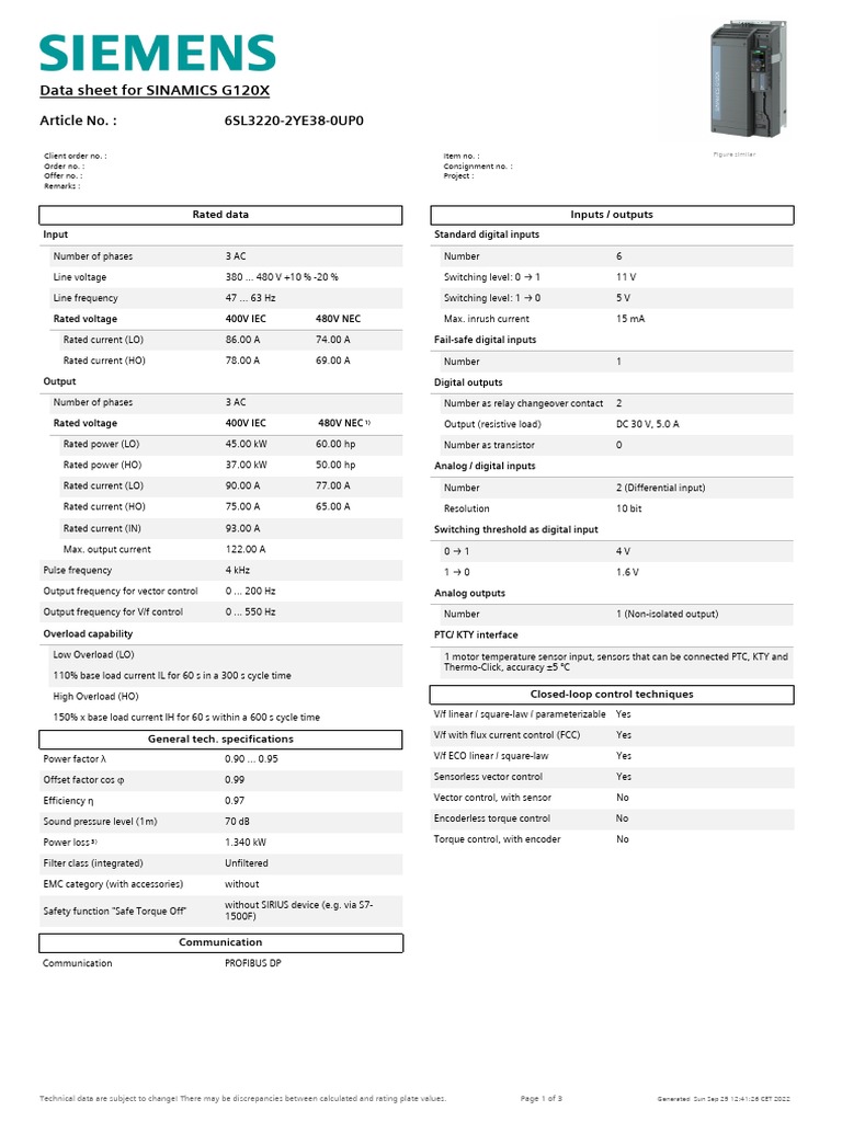 Data Sheet for SINAMICS G120X Drive: Technical Specifications and ...