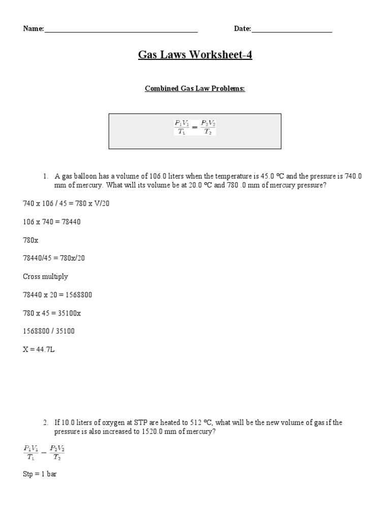 Gas Laws 4 - Combined Gas Laws - Worksheet 1 | PDF