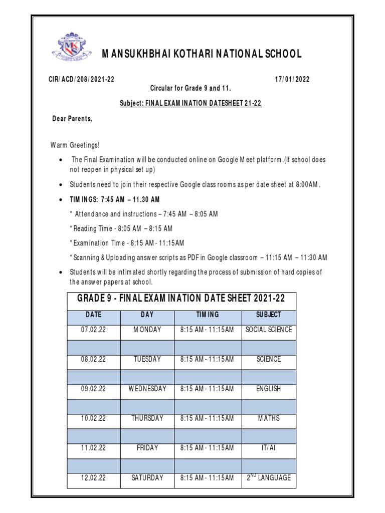 Mansukhbhai Kothari National School: Grade 9 - Final Examination Date Sheet 2021-22 | PDF
