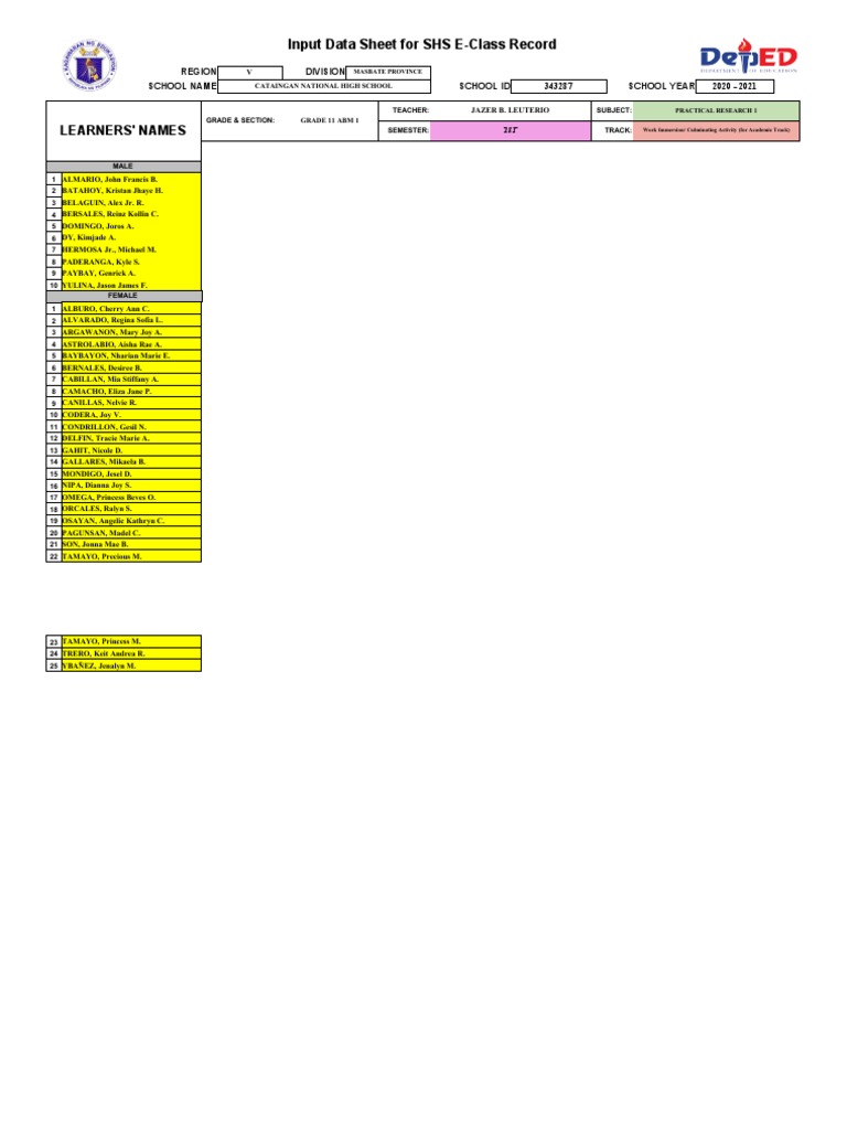 Input Data Sheet for SHS E-Class Record | PDF