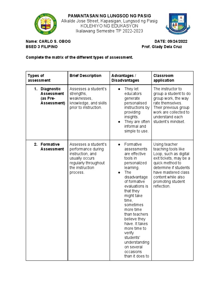 Obog, Carlo S. - Bsed 3 Filipino (It's Your Turn) Asssessment II | PDF ...