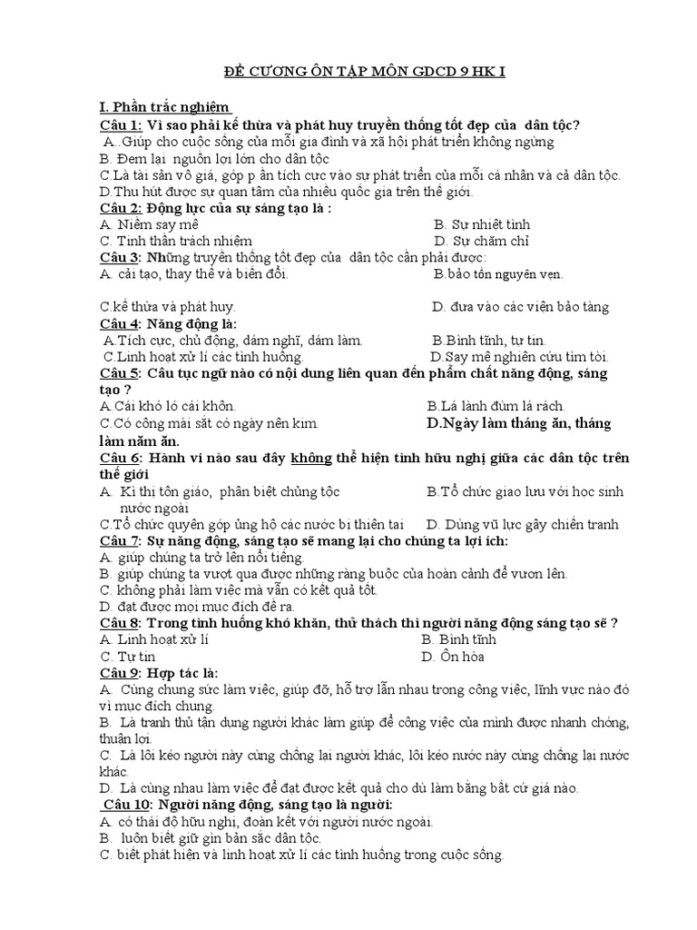 ĐỀ CƯƠNG ÔN TẬP MÔN GDCD 9 | PDF