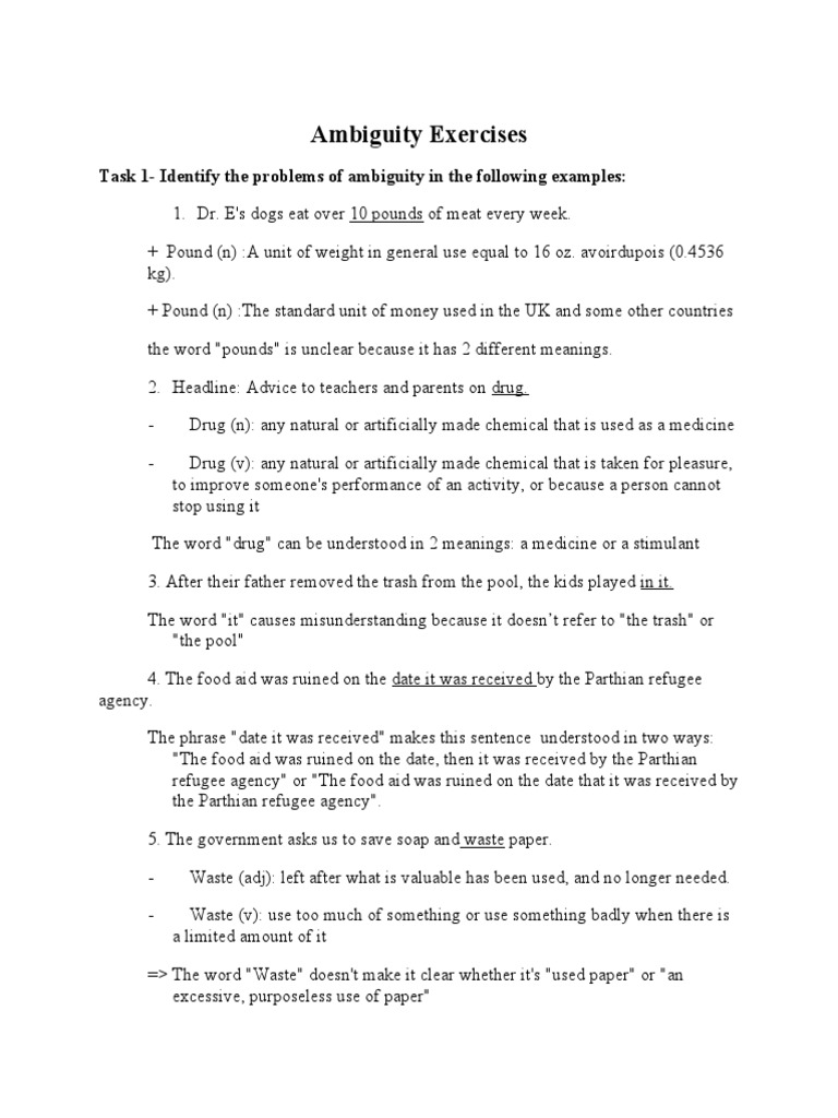 Ambiguity Exercises | PDF | Pound (Mass) | Ambiguity