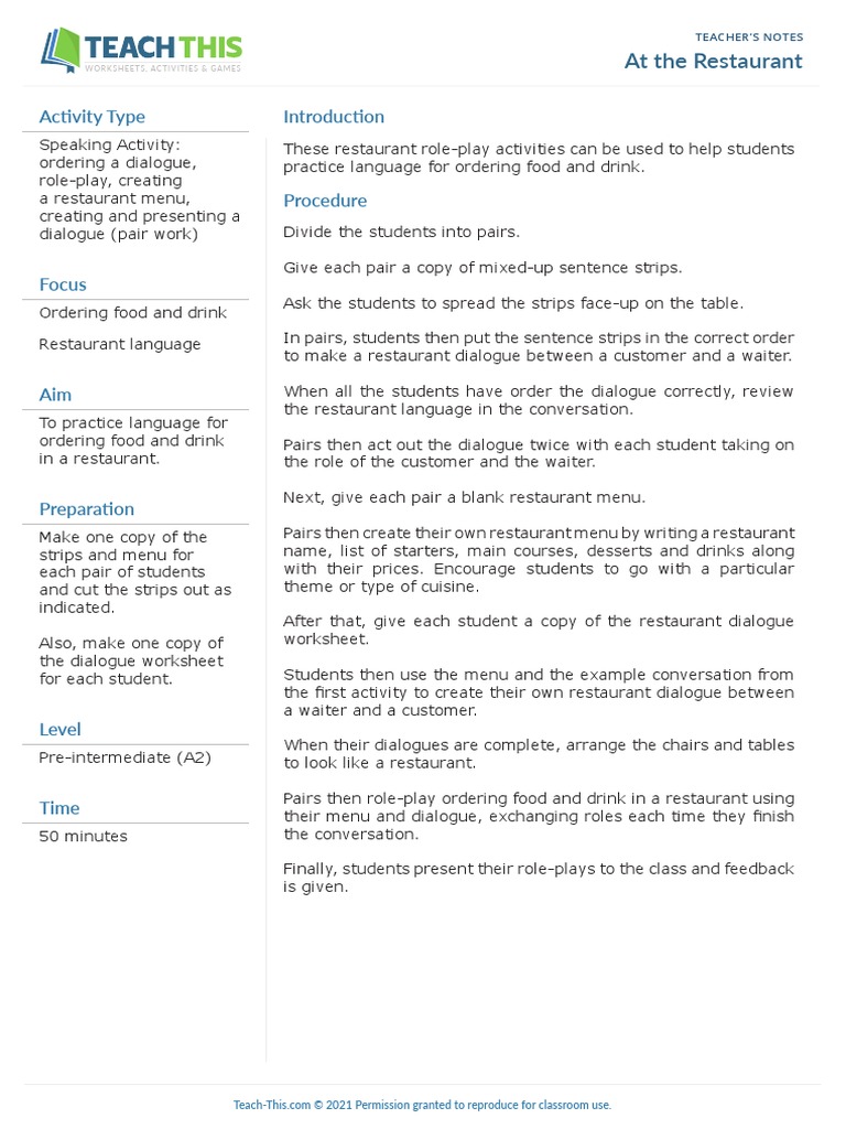 At The Restaurant A2 Pdf Waiting Staff Restaurants