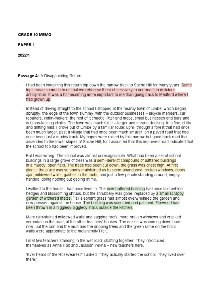 Grade 10 English Paper 1 Memo 2022 | PDF | Hostel | Ghosts