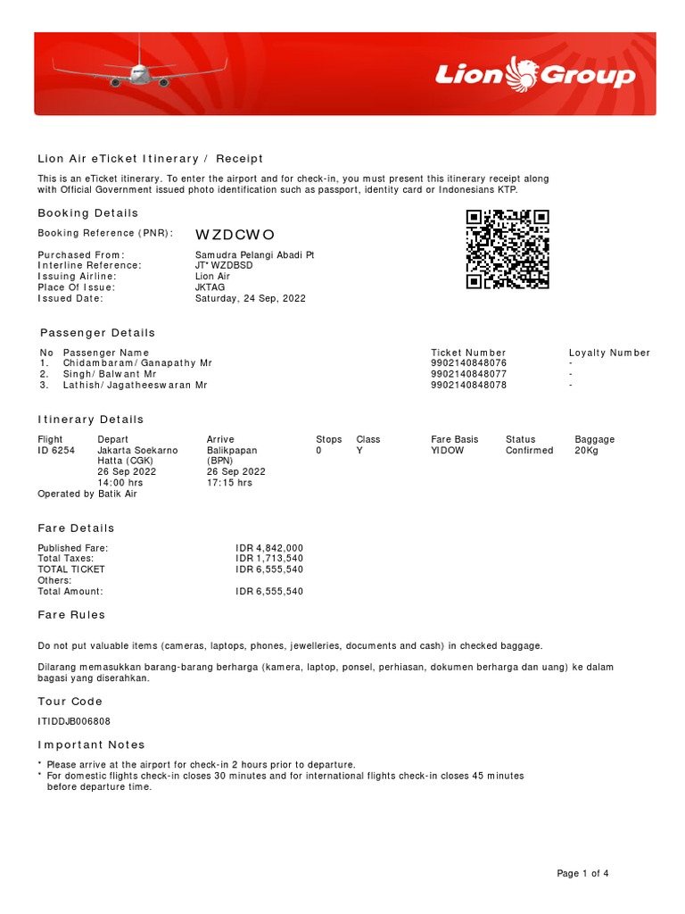 Lion Air eTicket Itinerary Receipt CGK-BPN | PDF | Airlines | Transport
