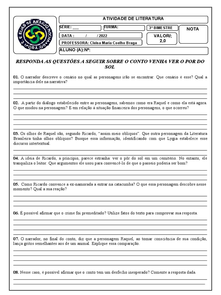 Responda As Questões A Seguir Sobre o Conto Venha Ver o Por Do Sol | PDF | Contos | Sol